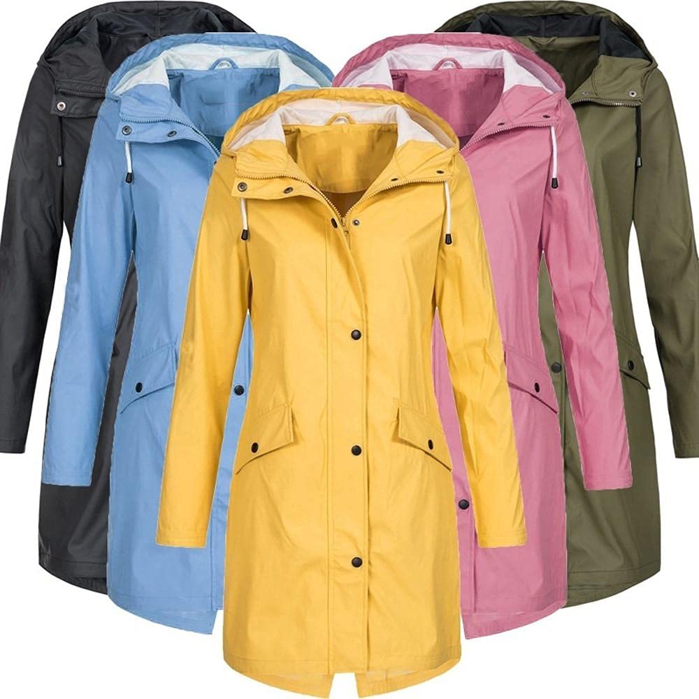 USYY Women's Rain Jacket Plus Size Long Raincoat Lightweight Hooded Windbreaker Waterproof Jackets with Pockets, Black, XX-Large