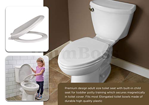 PlumBoss E2000 Elongated Toilet Seat with Built in Potty Training Toddlers Seat Magnetic Kids Seat Fits both Adult and Child Plastic Off white
