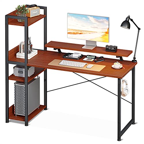 ODK Computer Desk with Storage Shelves 47 inch Home Office Desk with Hutch Bookshelf Reversible Sturdy Writing Table Modern Simple Style,Teak