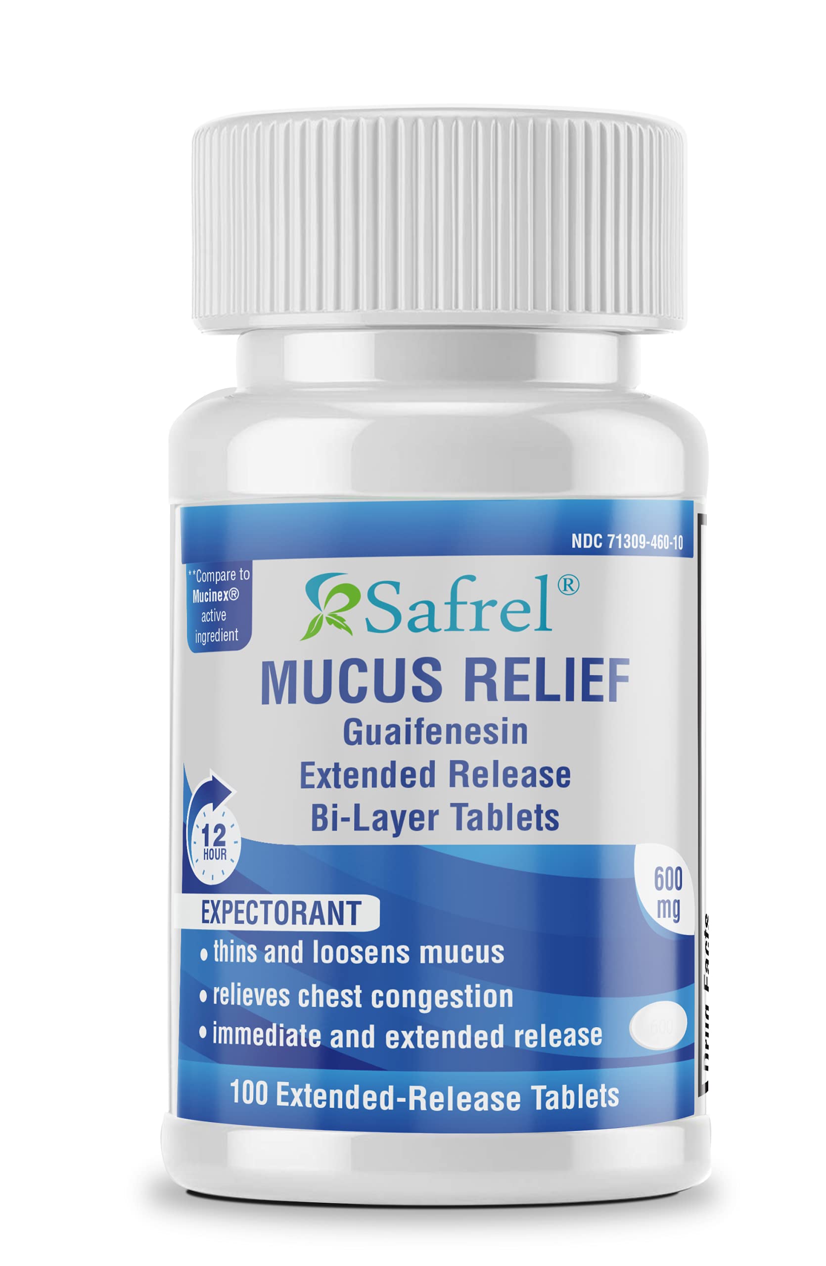 Safrel Mucus Relief Guaifenesin 600mg | 12 Hr Support (100 Count) Extended-Release Tablets | Thins and Loosens Mucus, Relieves Nasal & Chest Congestion | Cough, Cold, Flu Relief | Mucinex Generic