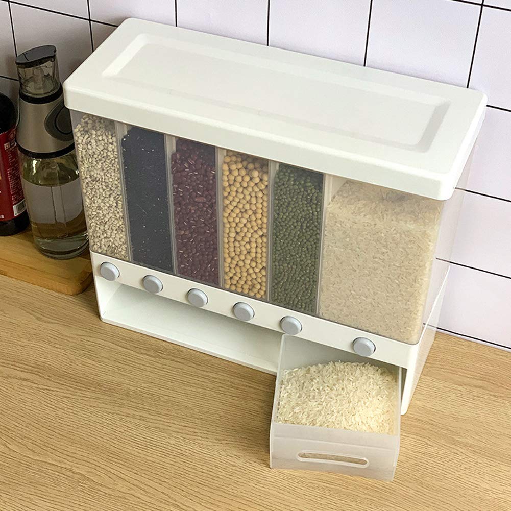 WAQIA Wall Mounted Food Dispenser,Whole Grains Rice Bucket,Large Capacity 6-Grid Storage Dry Food Dispenser, Dry Food Fruit Storage Box For Home and Kitchen