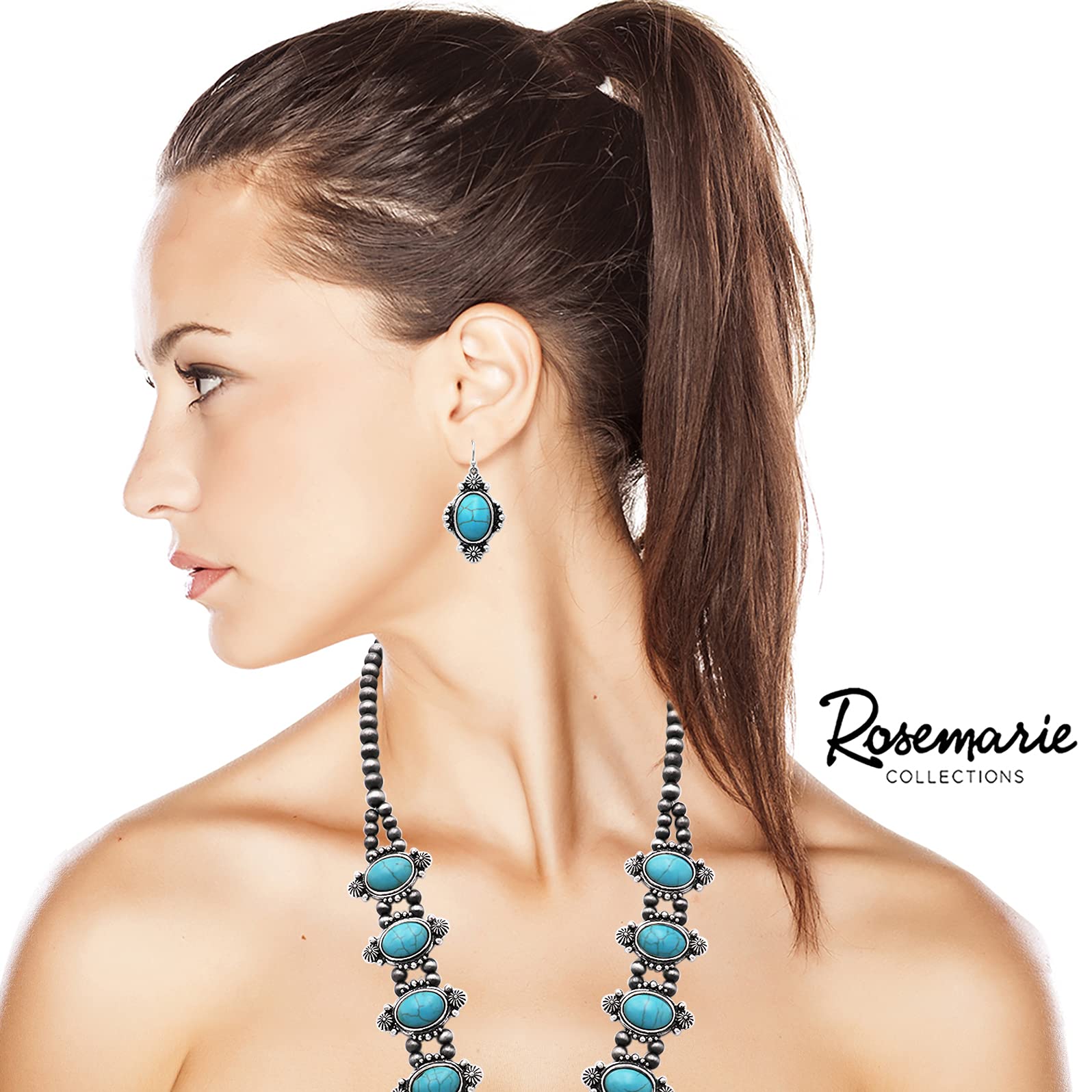 Rosemarie & Jubalee Women's Gorgeous Statement South Western Natural Semi Precious Howlite Squash Blossom Necklace Earrings Set, 27"-30" with 3" Extension (Turquoise Blue)