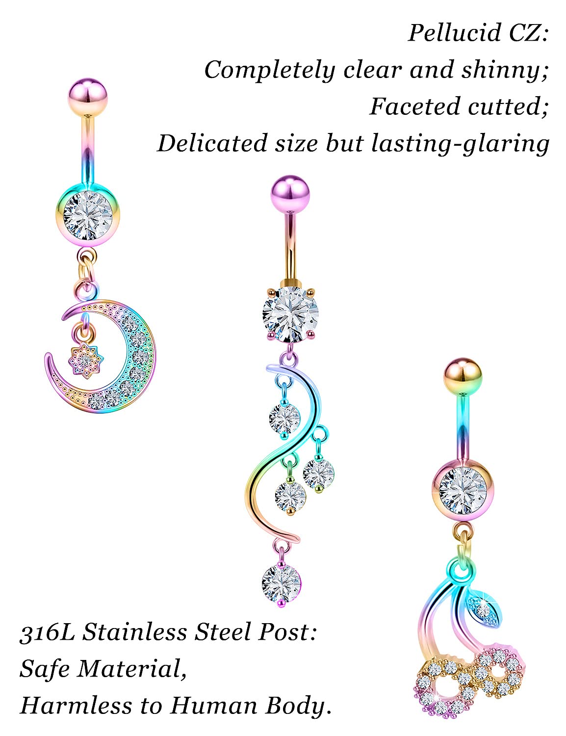 Vsnnsns 14G Belly Button Rings for Women Stainless Steel CZ Opal Long Dangle Belly Rainbow Tone B VSN0283 0