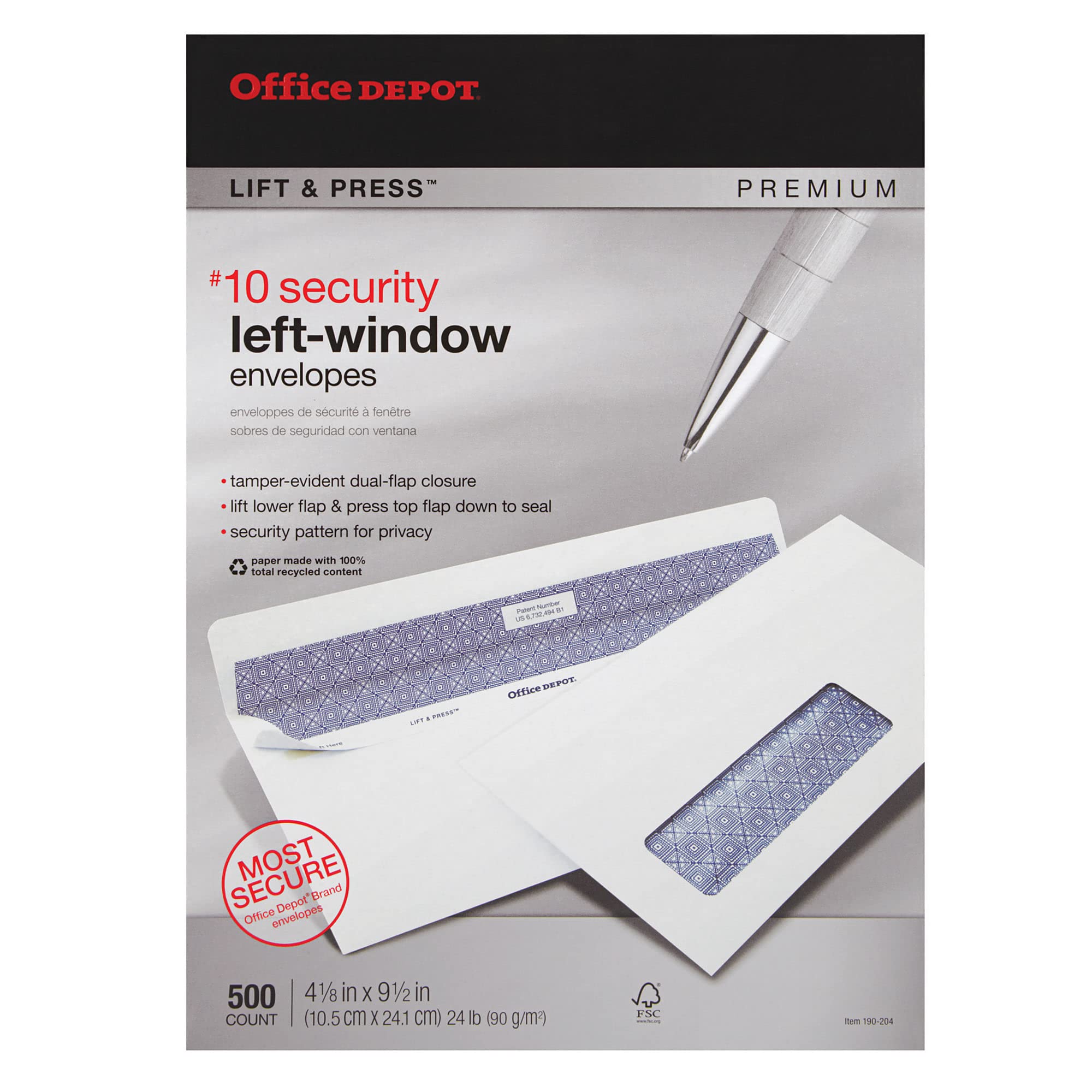 Office Depot 100% Recycled Lift Press(TM) Window Envelopes, 10 (4 1/8in. x 9 1/2in.), White, Pack Of 500, 76171