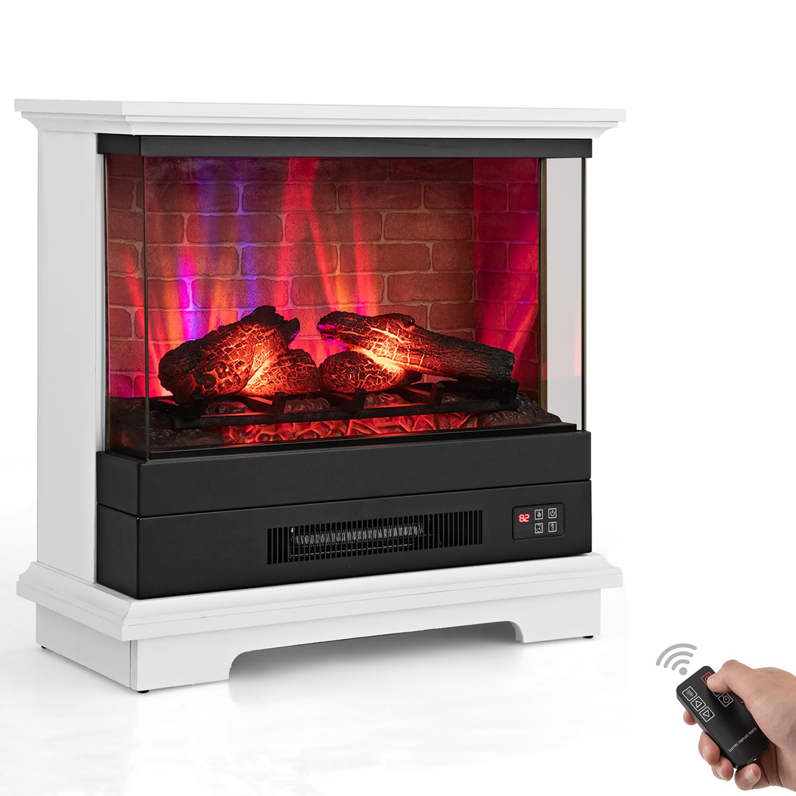 ORALNER 27ā Electric Fireplace with Mantel, 3-Sided Glass View, Wooden Surround Firebox, Freestanding Fireplace Heater w/ 7 Flame Colors, Remote & 6H Timer, Overheat Protection, 1400W (White)
