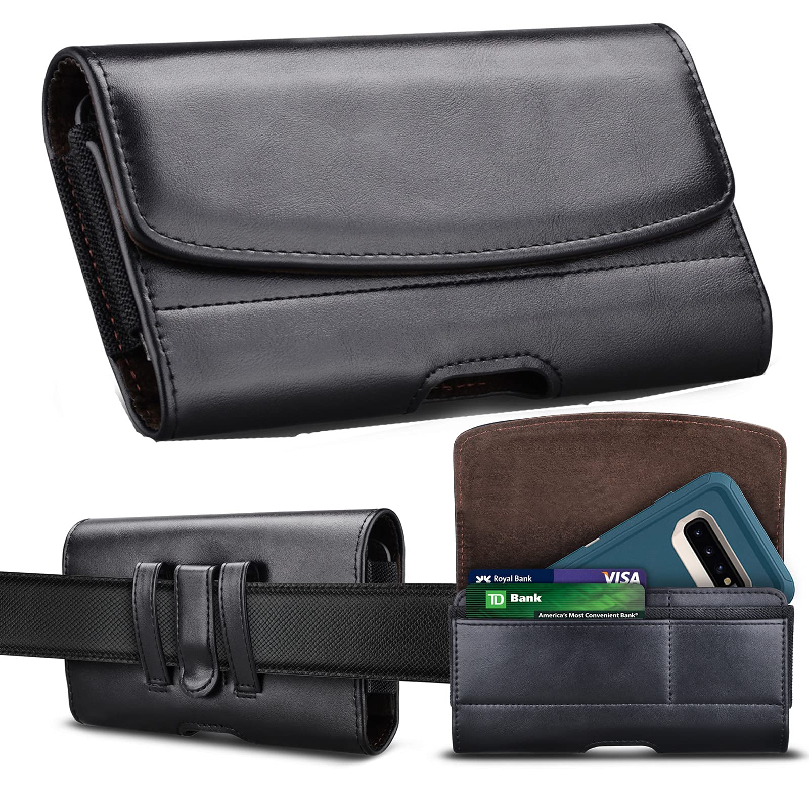 Njjex Phone Holster for Samsung Galaxy S24 Ultra S23+ S22 S21 S20 S10 A15 A14 A54 A23 A12 A13 A32 A42 A52 Note 20 iPhone 13 14 15 Pro Max 12 11 XS XR Leather Belt Clip Loop Phone Holder Carrying Pouch