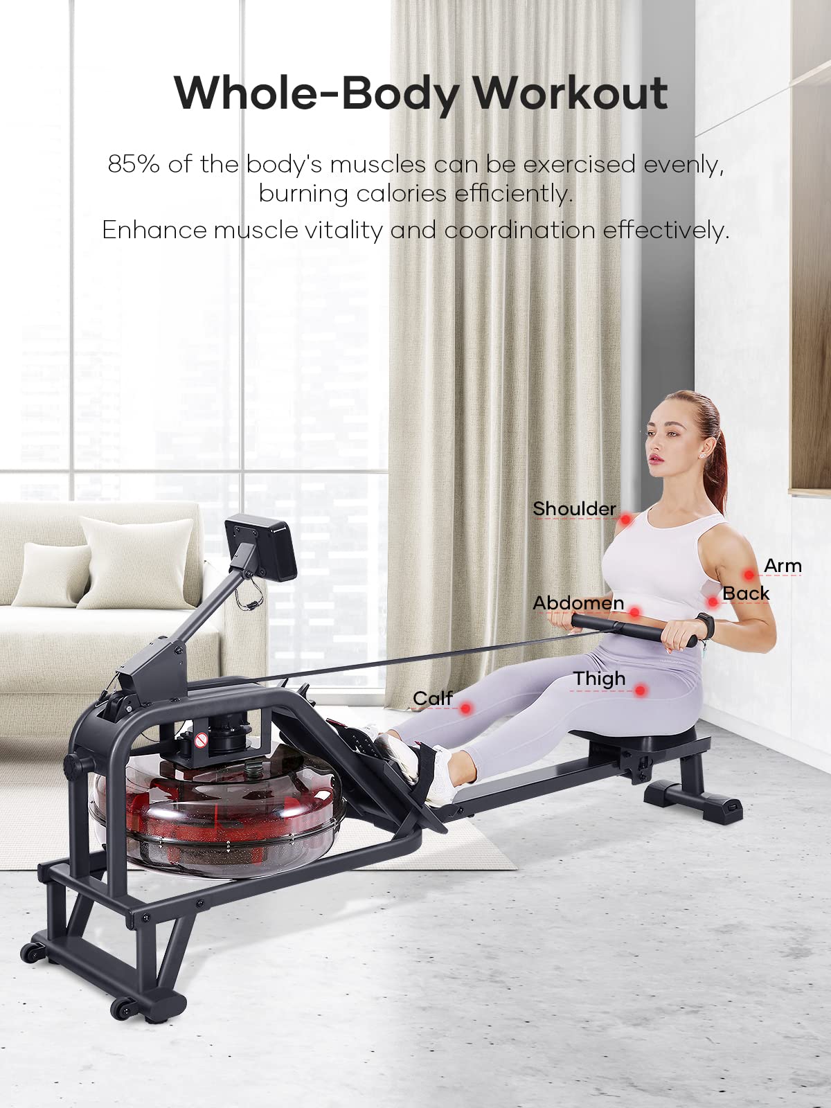 Water Rowing Machine for Home Use Adjustable LCD Monitor Water Rower Machine Foldable Rowing Exercise Equipment Whole Body Fitness Exercise Cardio Training with Phone Holder Large Seat Cushion