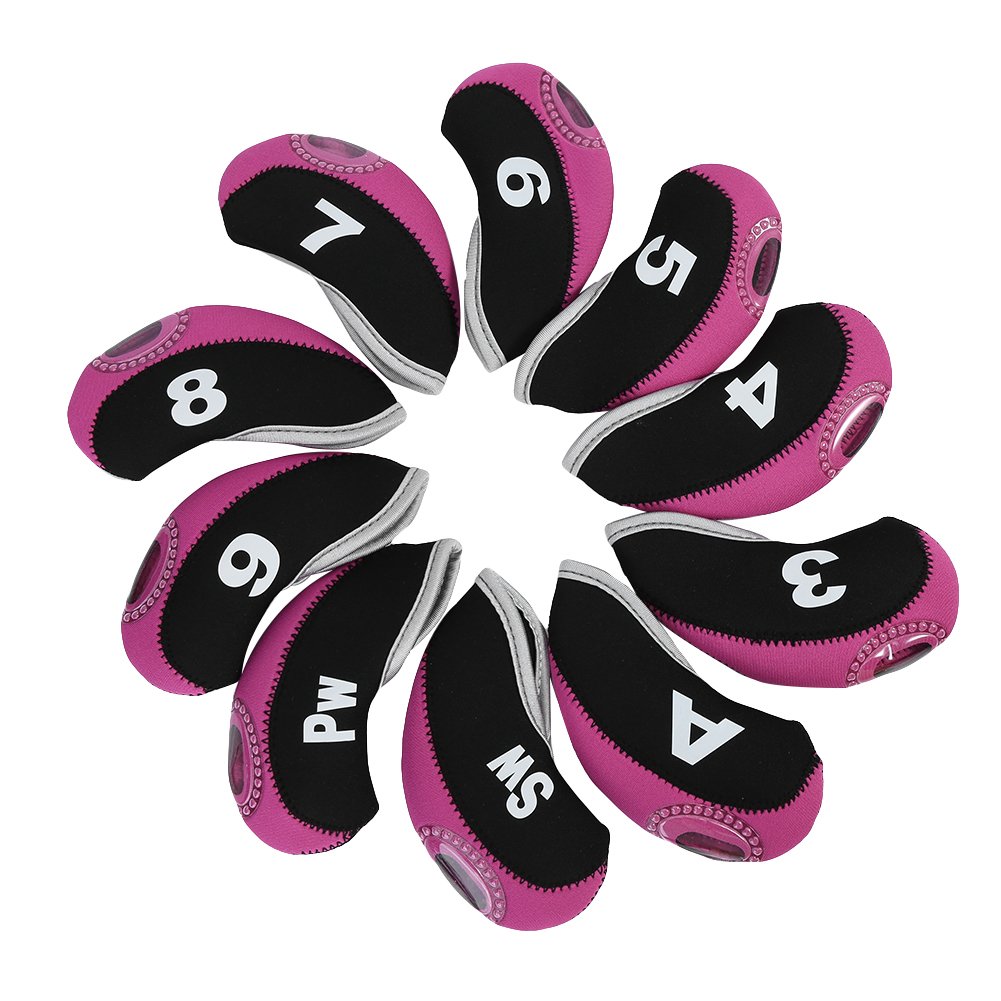 Putter Cover, 10 Pcs Neoprene Iron Putter Head Protector with Zipper Deign and Number Tag Eat to Recognize(Black&Rose Red)
