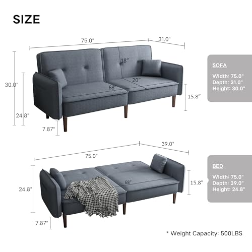 Penifun Convertible Futon Sofa Bed Sleeper Couch Folding Lounge Living Room Linen Upholstered 75 INCH 3 Setaer Loveseat with Armrest & 2 Pillows & 3 Backrest Settings-120°/150°/180°, Gray, Grey