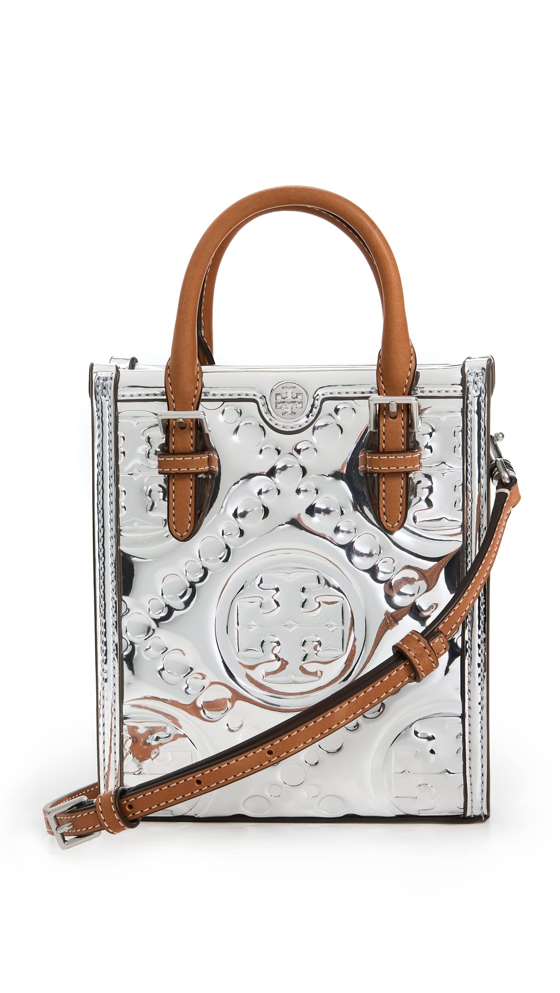 Tory Burch Women's T Monogram Embossed Metallic Mini Tote, Silver, One Size