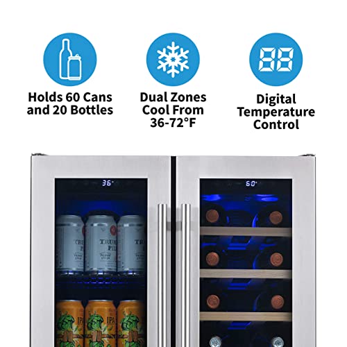 NewAir 24” Wine and Beverage Refrigerator, 18 Bottle and 60 Can Dual Zone Wine Fridge, Built-in Wine Cooler, Stainless Steel Mini Fridge for Bedroom, Kitchen Cabinet, Bar Cabinet, Home Office