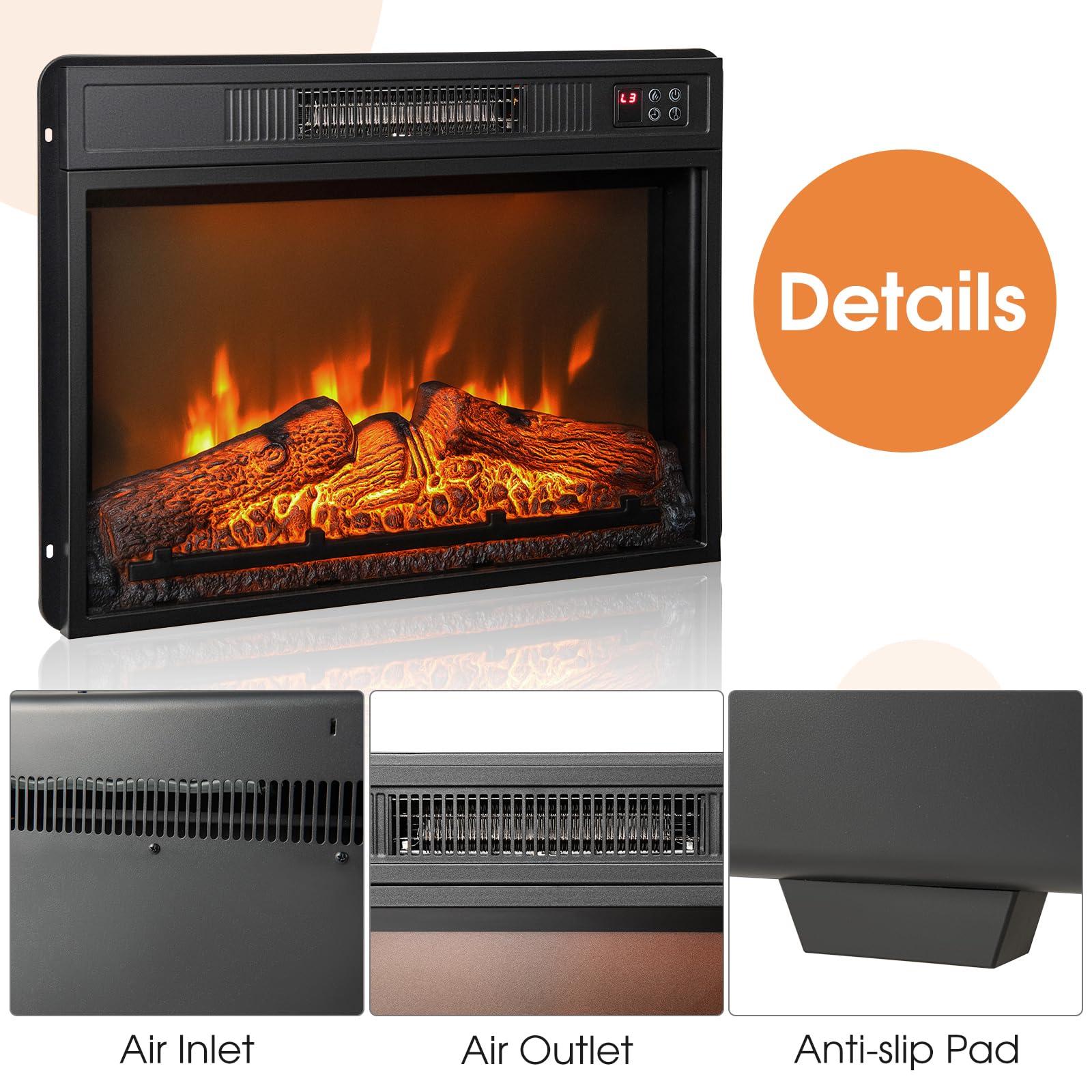ORALNER Electric Fireplace Insert 23 Inch, Recessed Fireplace Heater w/ 3 LED Flame Effects, Remote Control & 6H Timer, Overheat Protection, Indoor Fireplace Insert for TV Stand, 1400W, Black