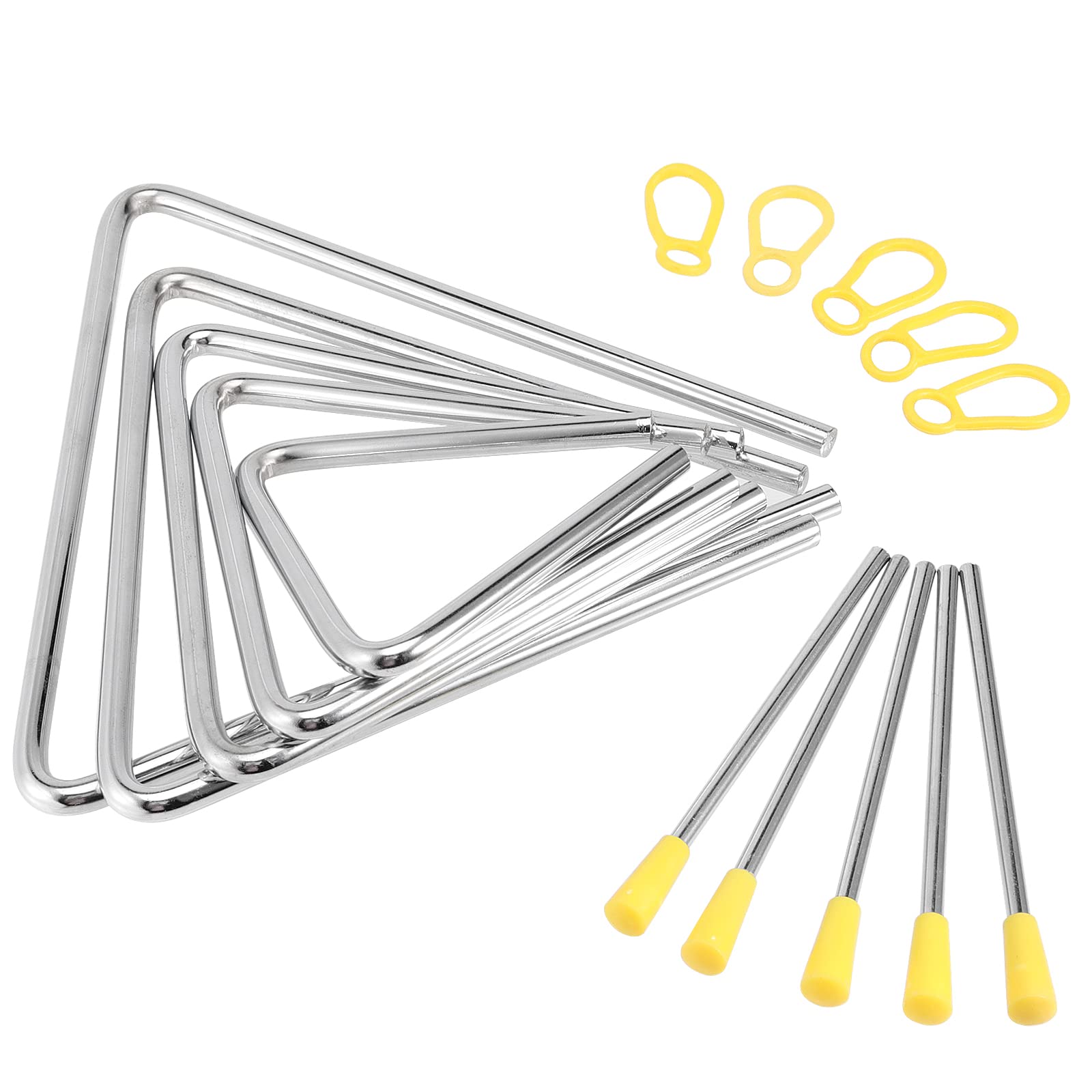 SINJEUN 10 Pack Musical Steel Triangle, 4, 5, 6, 7, 8 Inches Triangle Musical Instrument with Striker and Finger Holder, Triangle Hand Percussion Instrument for Music Learning and Teaching