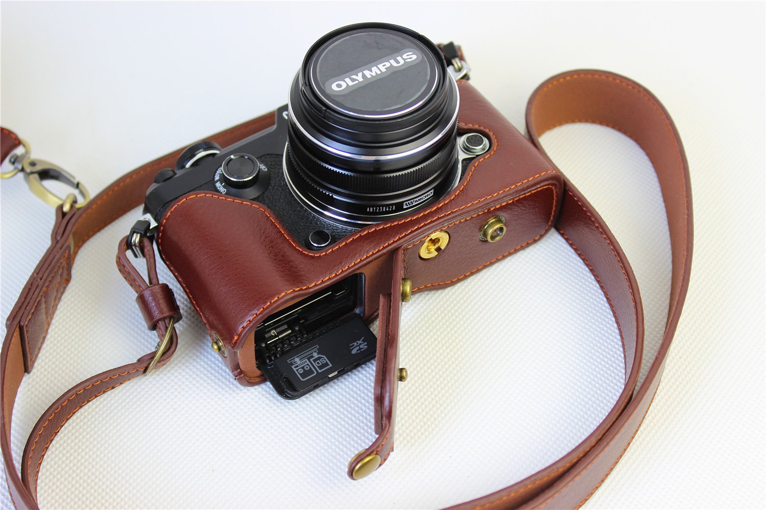 Olympus Pen-F Case, BolinUS Handmade Genuine Real Leather Fullbody Camera Case Bag Cover for Olympus Pen-F Bottom Opening Version with Neck Strap - Brown
