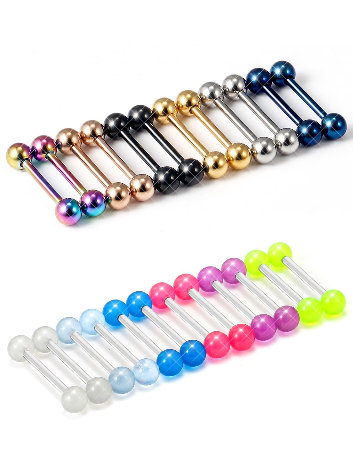 Prjndjw 14G Surgical Steel Tongue Rings Glow in the Dark Tongue Nipple Rings Steel Ball Body Piercing Jewelry for Women Men 24Pcs 16MM