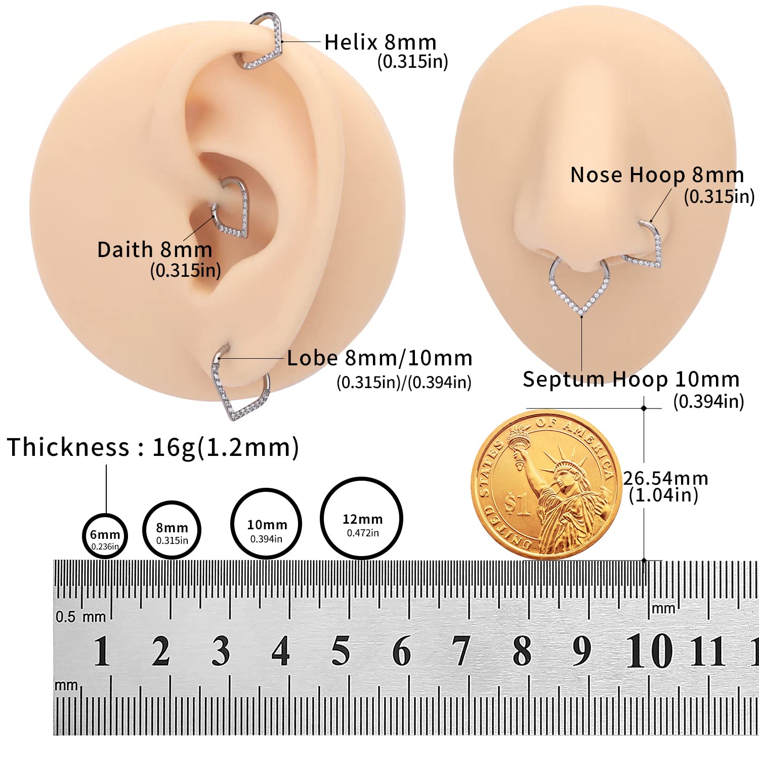 VOJO G23 Titanium Teardrop Septum Ring Daith Piercing Earrings Jewelry Tragus Helix Nose Rings for Women (10mm,CZ Silver)