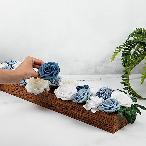 Rectangular Acrylic Flower Centerpieces for Tables with Wood Grain Pattern | Long 24 Hole Flower Arrangement Holder | Acrylic Flower Centerpiece Vase | Dining Table Decor Centerpiece Vases for Table
