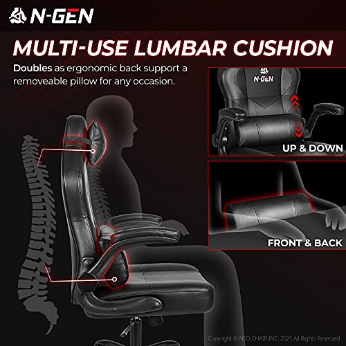 N-GEN Gaming Chair Ergonomic Office PC Desk with Lumbar Support Flip Up Arms Levelled Seat Style Headrest PU Leather Executive High Back Computer for Adults Women Men (4. Black)