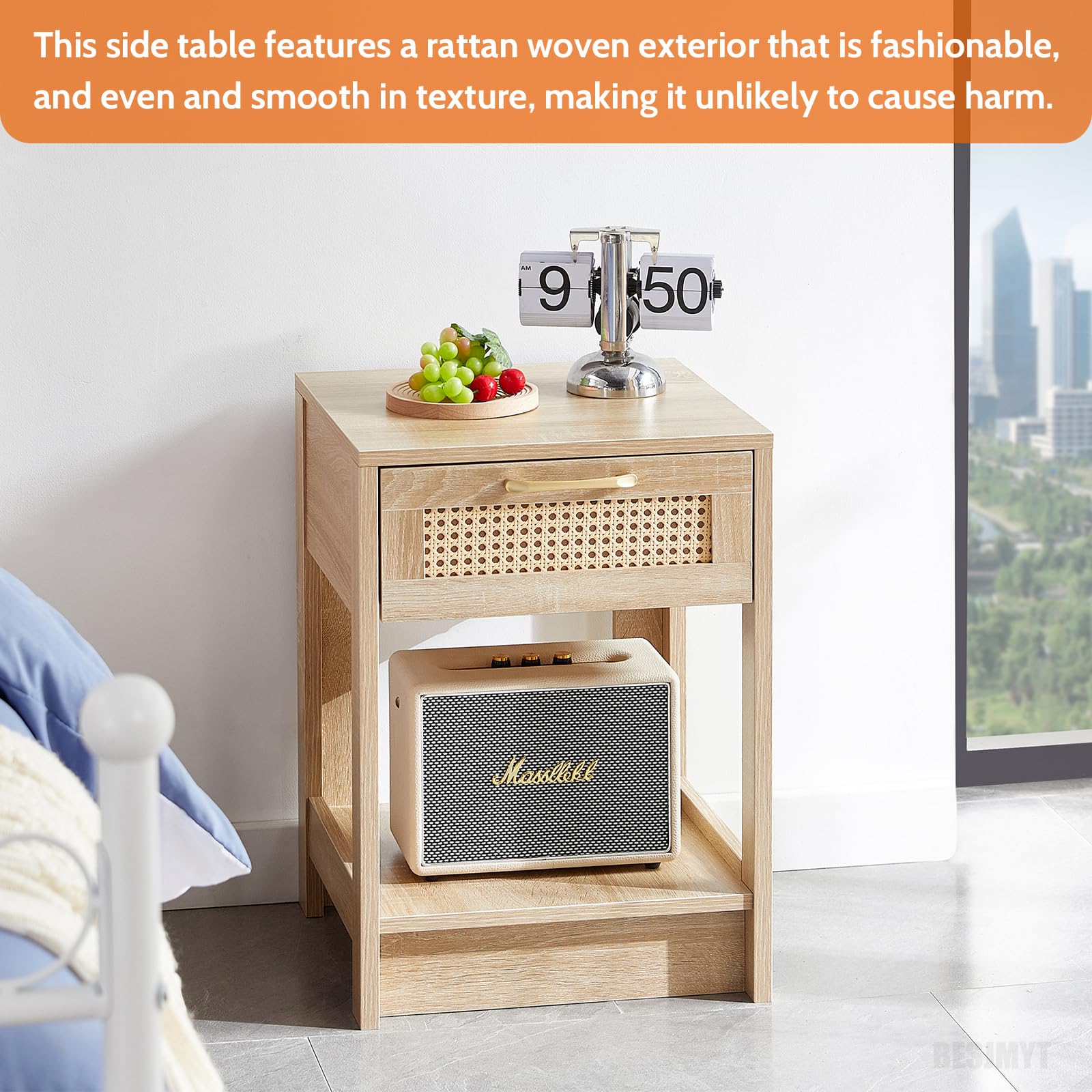 Nightstand with 1 Drawer, Modern Rattan End Table with Drawer and Solid Wood Legs,Side Table with 1 Open Storage Space for Living Room Bedroom, Natural
