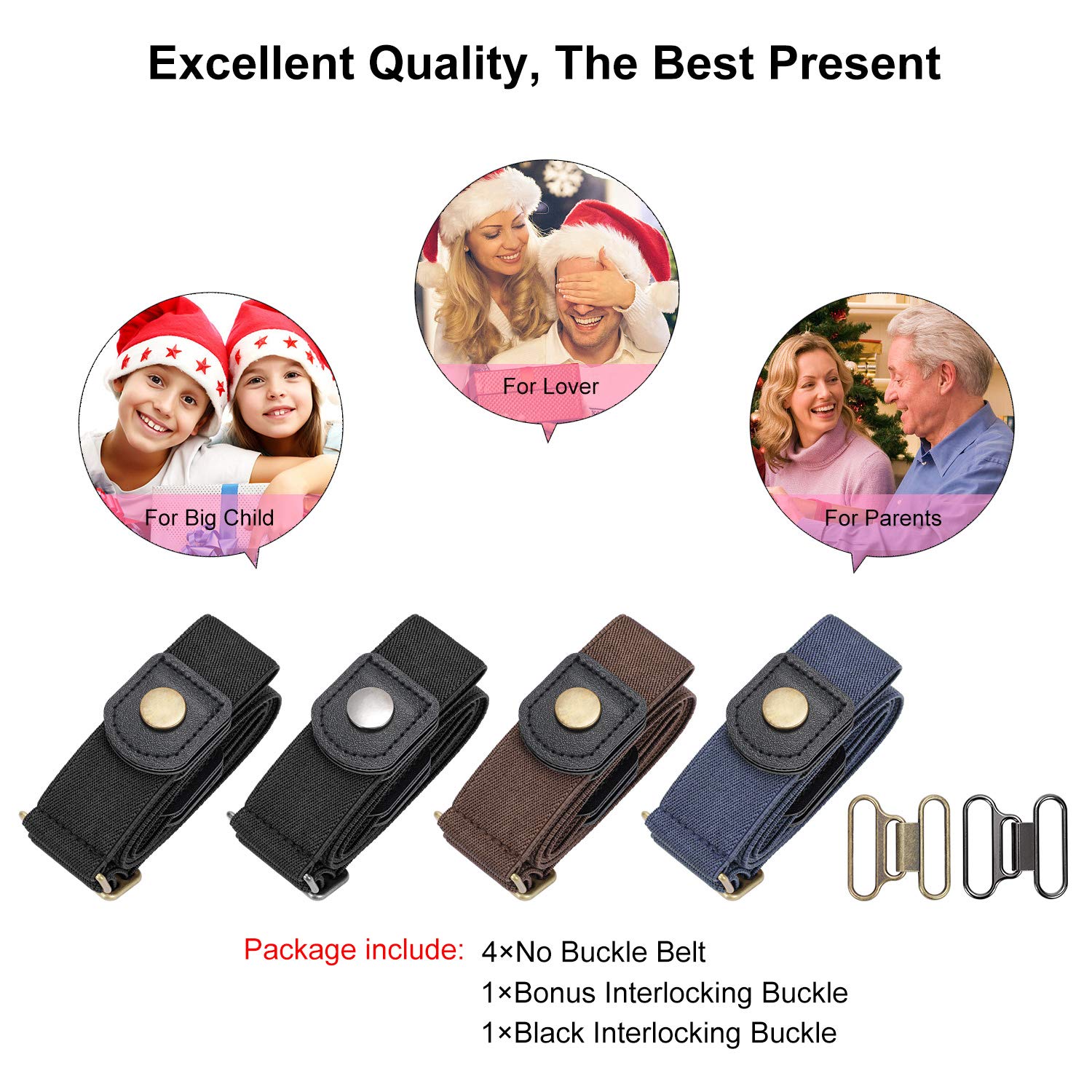 SUOSDEY 4 Pieces No Buckle Elastic Stretch Belts for Men Women, Comfortable Buckle Free Invisible Belts for Jeans Pants