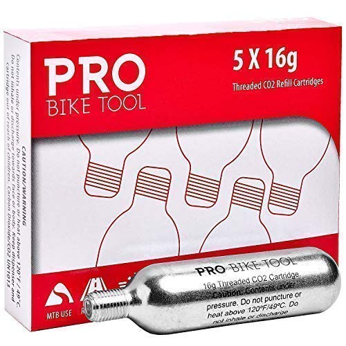 PRO BIKE TOOL CO2 Inflator + 5 x 16g Threaded CO2 Cartridges Bundle - Quick & Easy - Presta and Schrader Valve Compatible - Bicycle Tire Pump for Road and Mountain Bikes