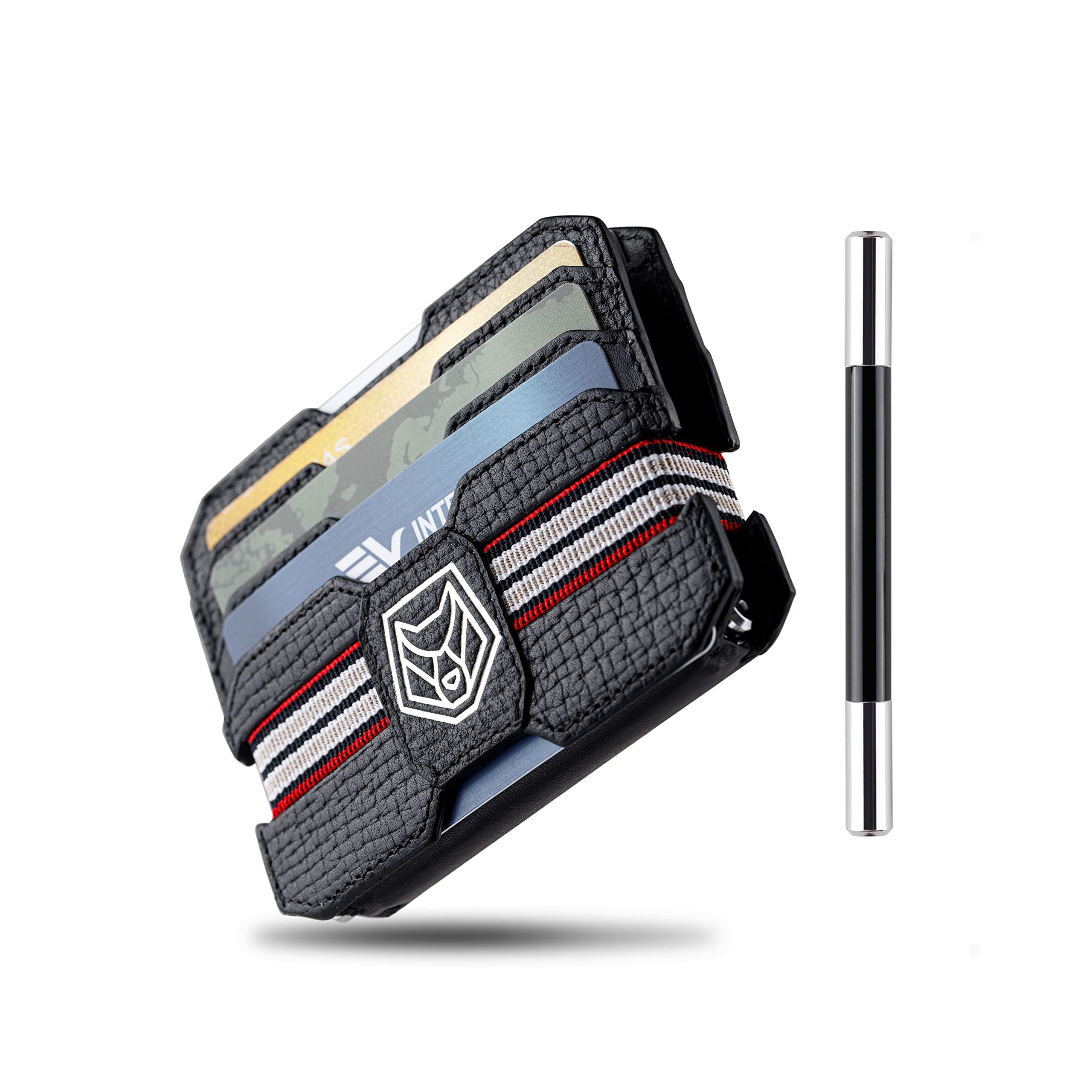 RFID Wallets for Men with Elastic Strap - Credit Card Holder Minimalist Flat Wallet for Men - Slim Mens Wallet - Front Pocket Wallet made of Vegetable-Tanned Leather (Black, Flexi with Accessory)