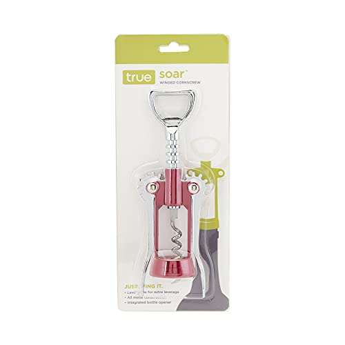 True Soar Winged Corkscrew Wine Opener - Self Centering Worm, Stainless Steel, Manual Wine Bottle Opener, Red