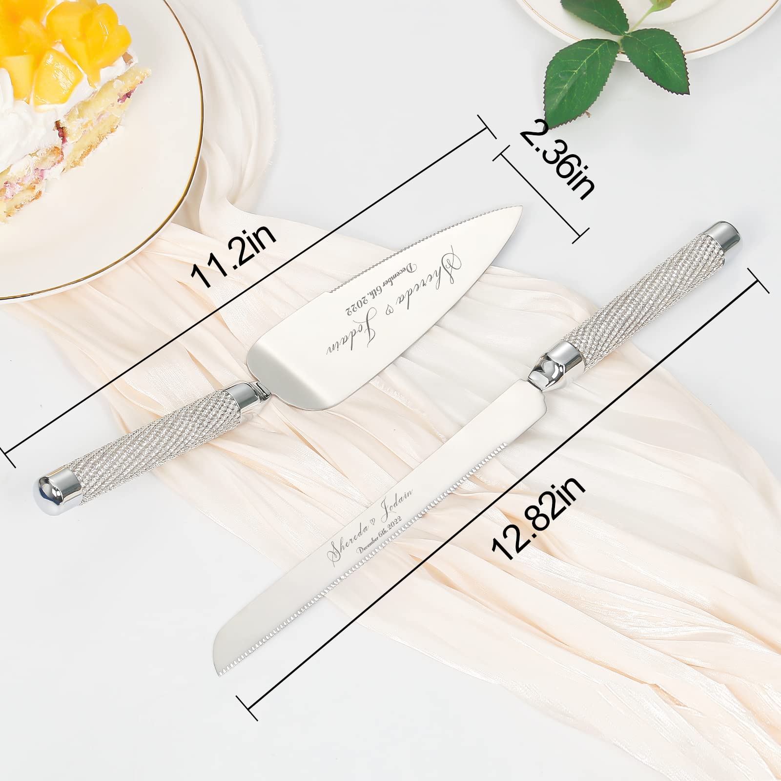 Wedding Cake Knife and Server Set, Personalized Cake Cutting Set, Engraved Elegant Cake Cutters With Sparkling Diamonds, Custom Pie Spatula and Cake Knife, Birthday Bridal Quinceañera Gift (Silver 3)