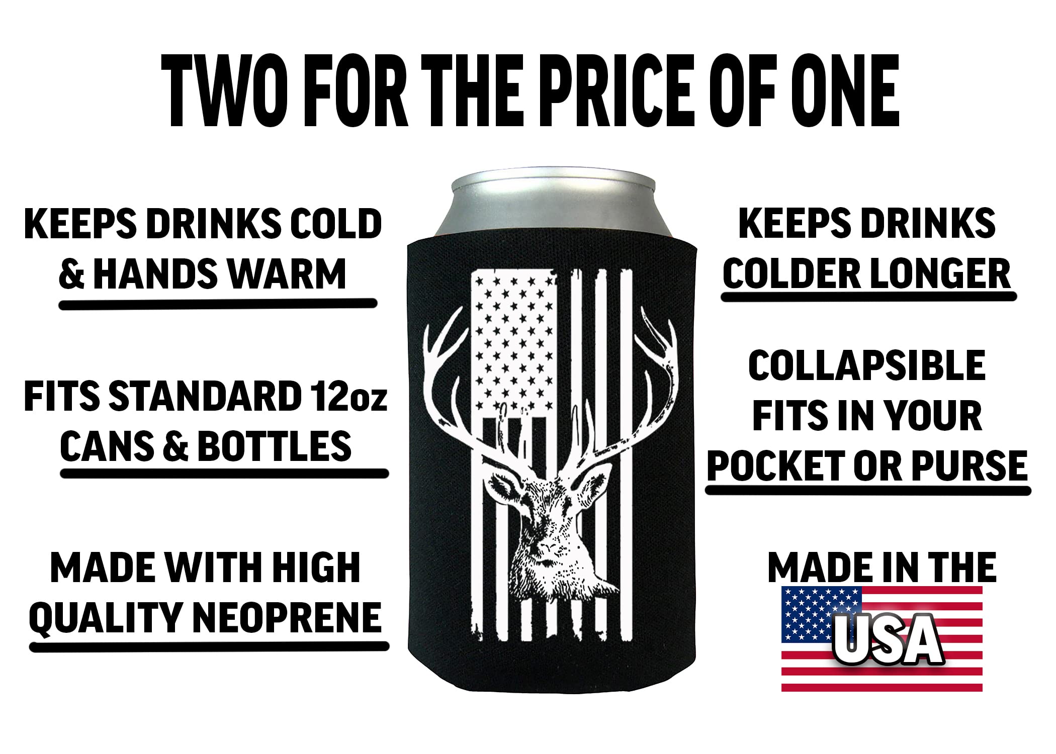 USA Tattered Flag Hunting Collapsible Can Bottle Beverage Cooler Sleeves 2 Pack United States of American Buck