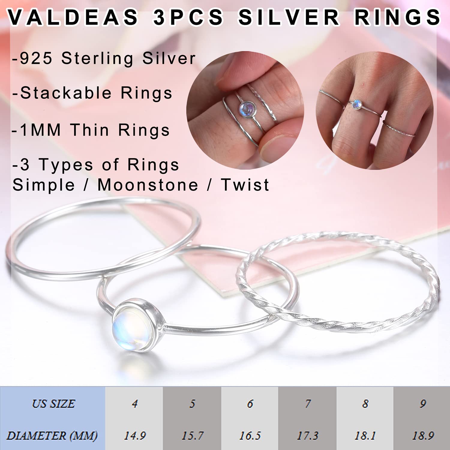 VALDEAS Silver Stackable Rings for Women 3Pcs 925 Sterling Silver Rings Thin Simple Knuckle Rings Minimalist Pinky Middle Pointer Finger Rings Comfort Fit 9