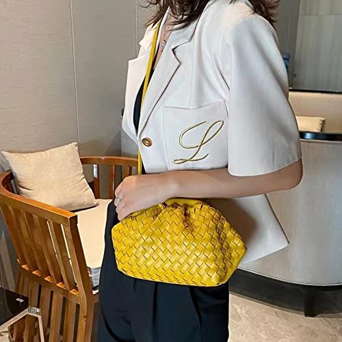 NAARIIAN Trendy Dumpling Ruched Clutch Cloud Shape Dupe Chunky Chain Shoulder Bag PU Leather Woven Handbag(Yellow S)