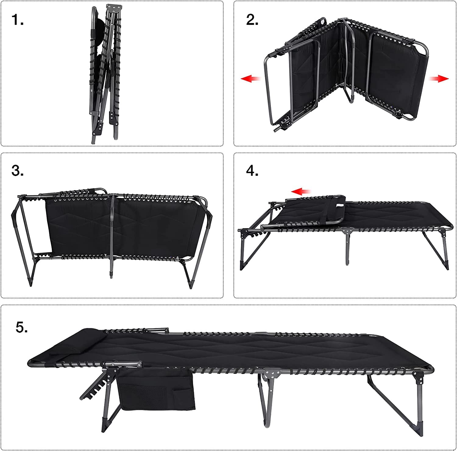 RedSwing Folding Sleeping Cot with Cotton for Adults, Extra Wide 4-Position Adjustable Folding Chaise Lounge Chair with Pillow, Outdoor Portable Camping Cot for Travel Beach Patio, 79"×27" Black