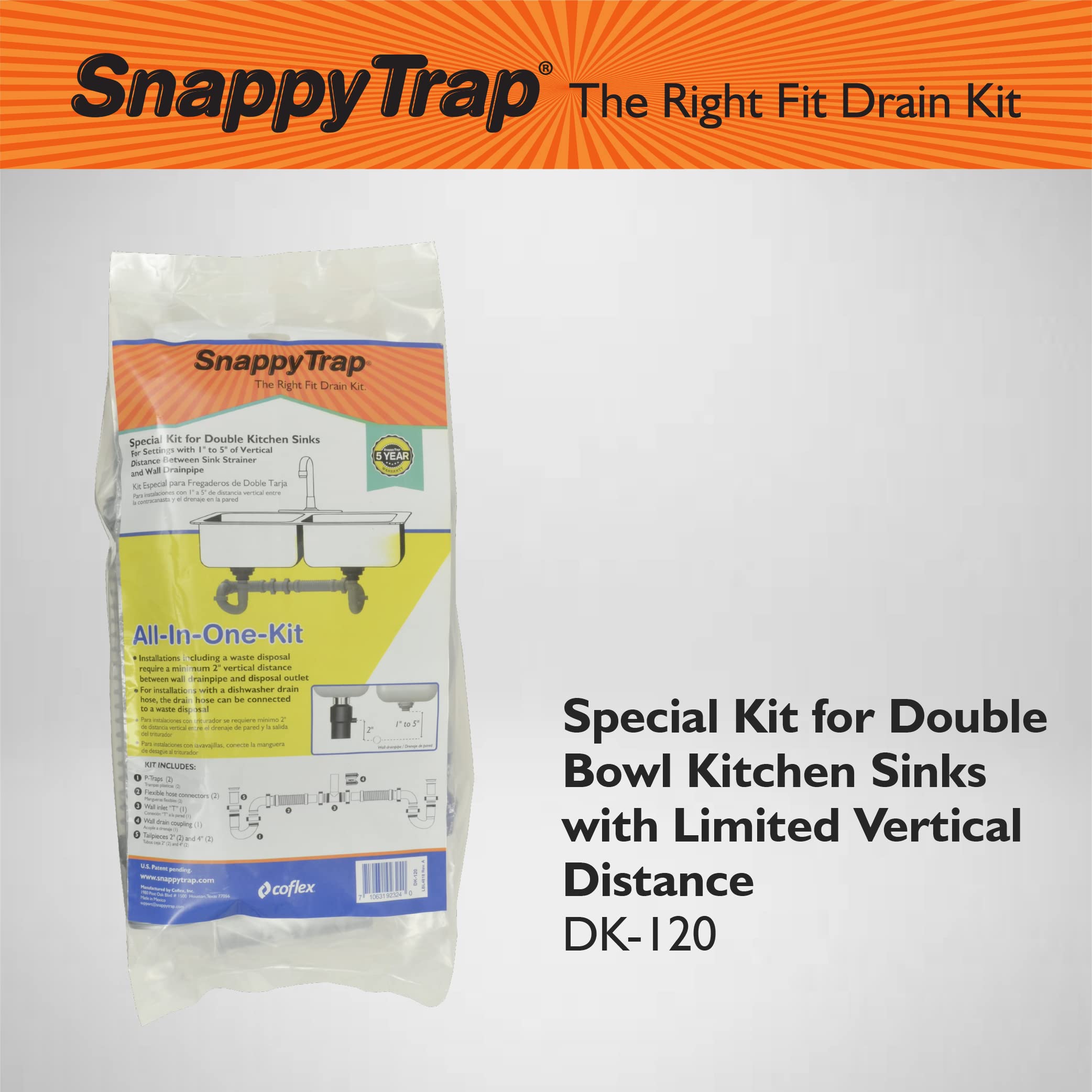 Snappy Trap Special Kit for Double Kitchen Sinks with Limited Vertical Distance between Sink Strainers and Wall Drainpipe