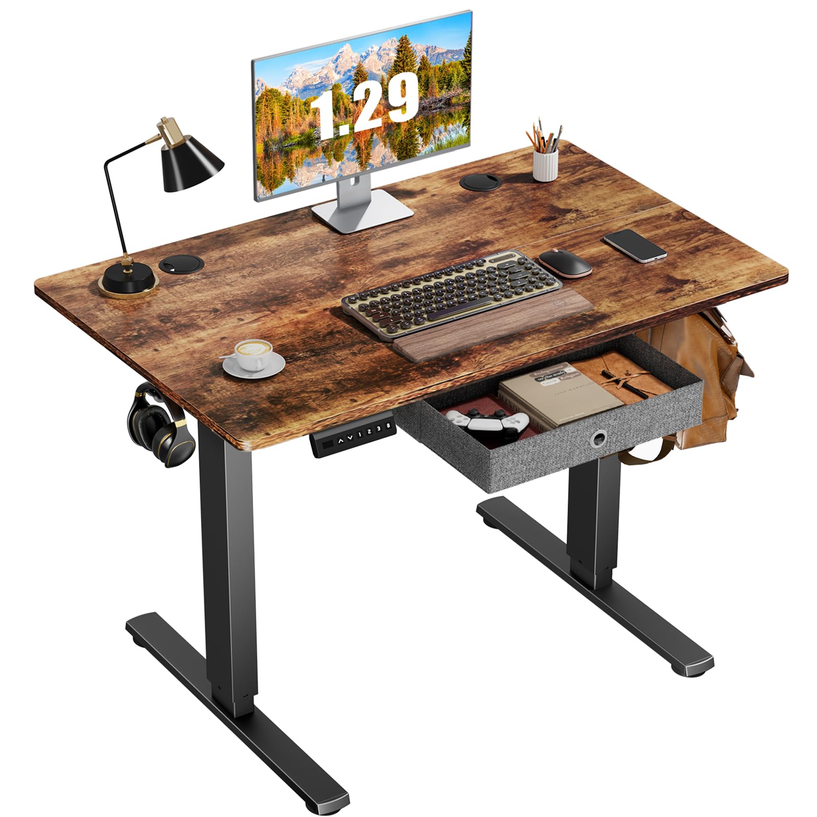 NEWBULIG Electric Height Adjustable Sit Stand Home Office Computer Desks with Drawer, 40 Inch, Rustic Top and Black Frame