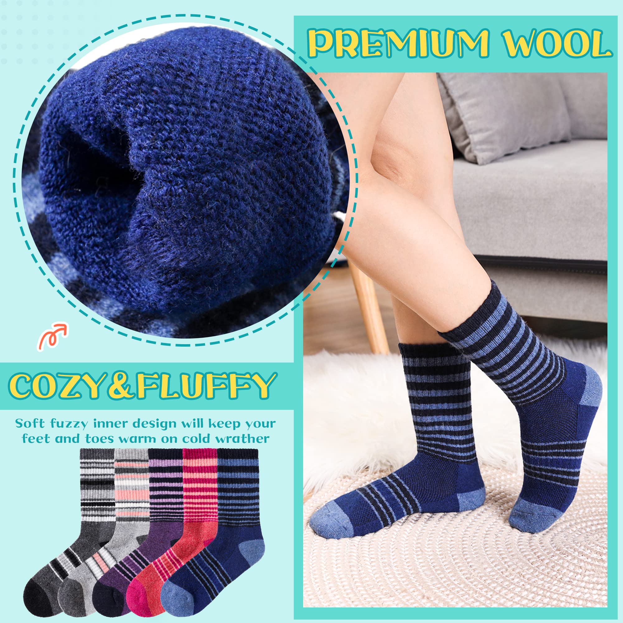 Women Hiking Socks Merino Wool Winter Warm Thermal Work Boot Cushioned Cozy Crew Socks 5 Pairs(Stripe-B)