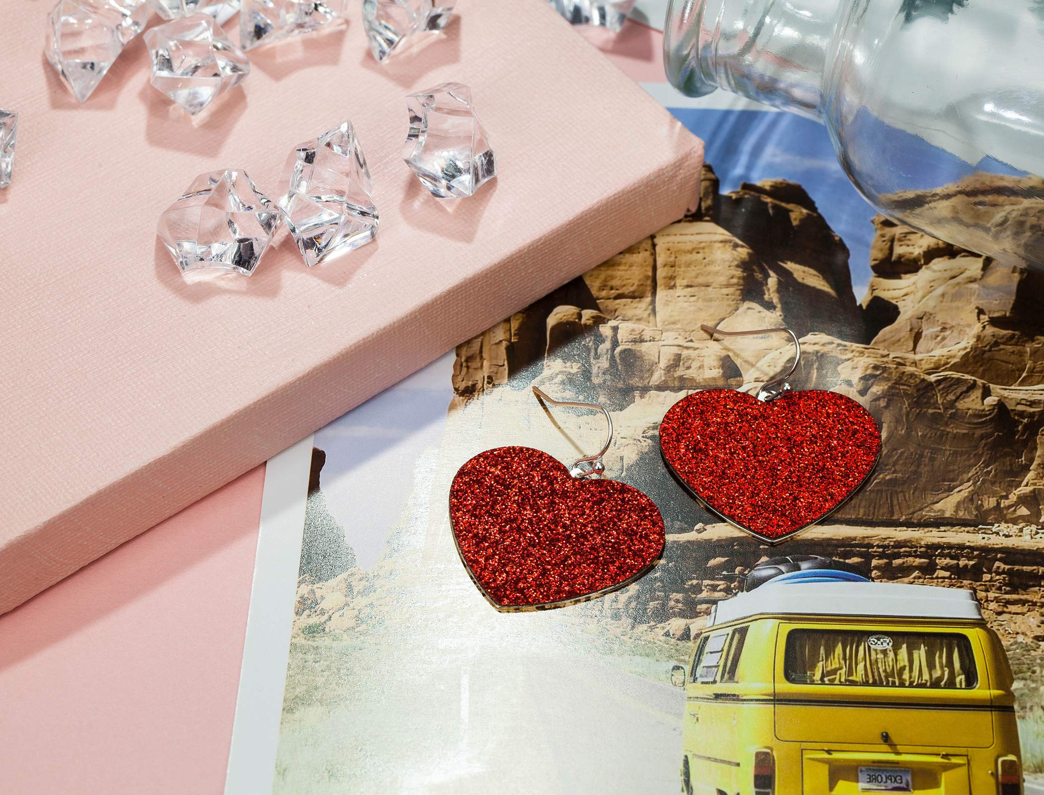 RareLove Valentines Gifts Bling Red Heart Hook Dangle Earrings Statement Jewelry For Women Silver Alloy Plated