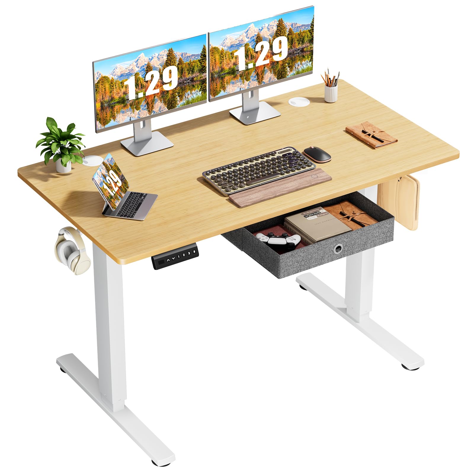 NEWBULIG Electric Height Adjustable Sit Stand Home Office Computer Desks with Drawer, 48 Inch, Oak Top and White Frame