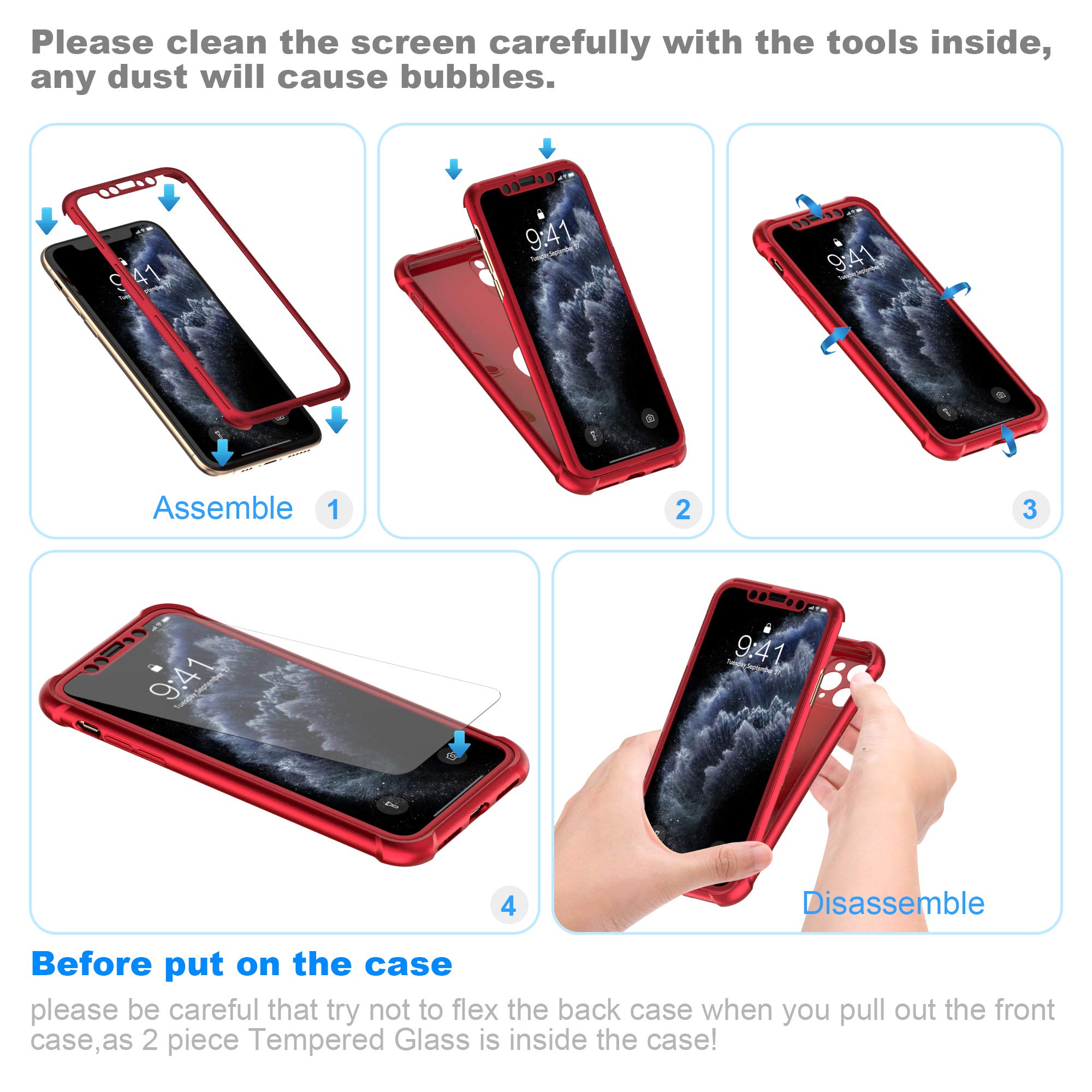 ORETECH iPhone 11 Pro Max Case, 360 Full Body Protection [2 x Tempered Glass Screen Protector], Hard PC & Soft Rubber Silicone Cover - 6.5" Red