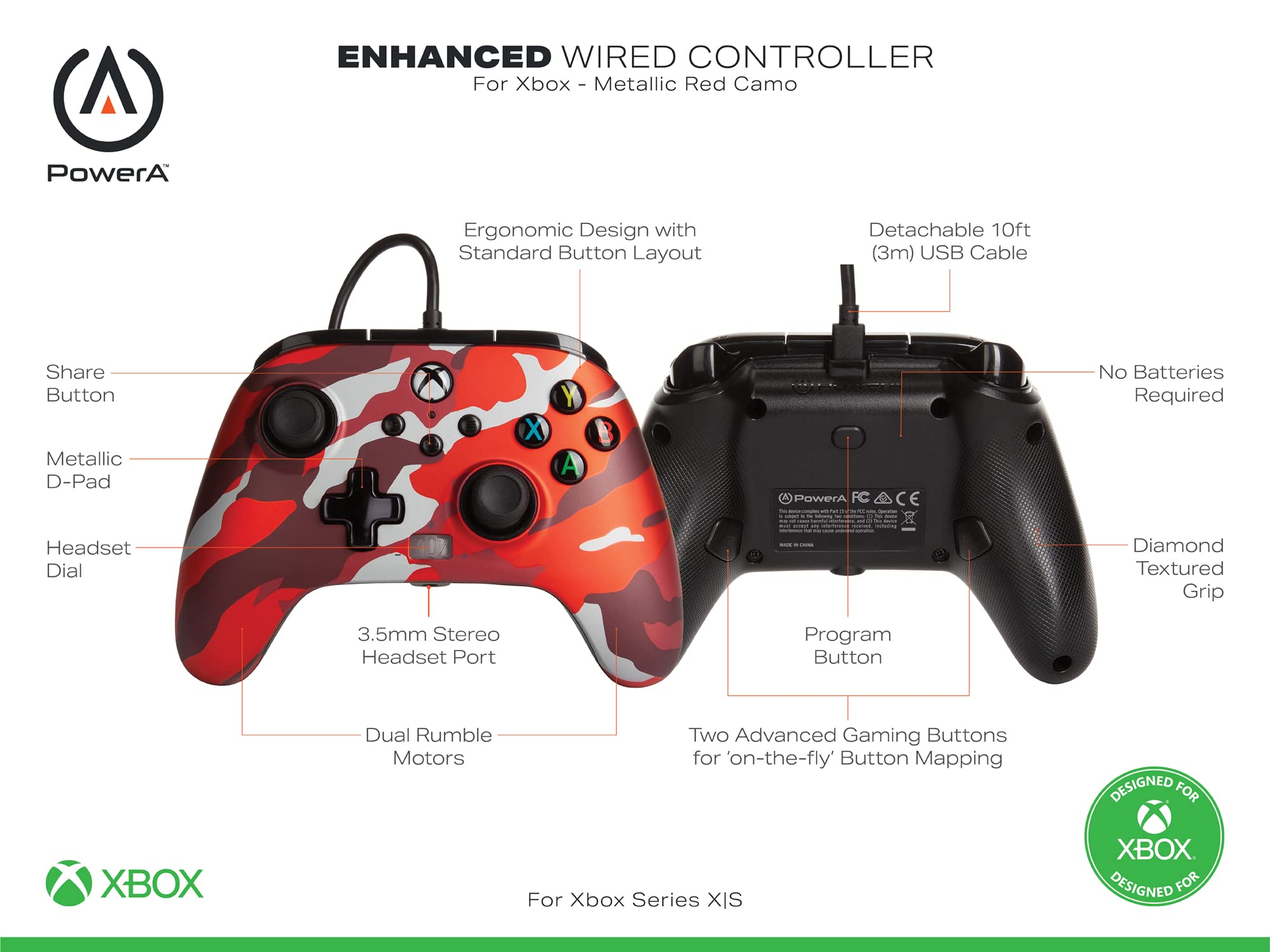 PowerA Enhanced Wired Controller for Xbox Series X|S - Metallic Red Camo, gamepad, wired video game controller, gaming controller, Xbox Series X|S