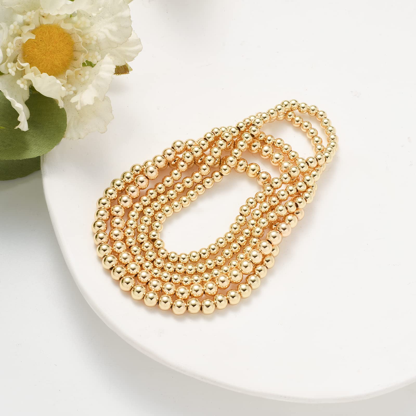 Starain Gold Beaded Bracelets for Women 18K Gold Plated Beaded Ball Stackable Stretch Bracelet Gold Cuff Bangle Set