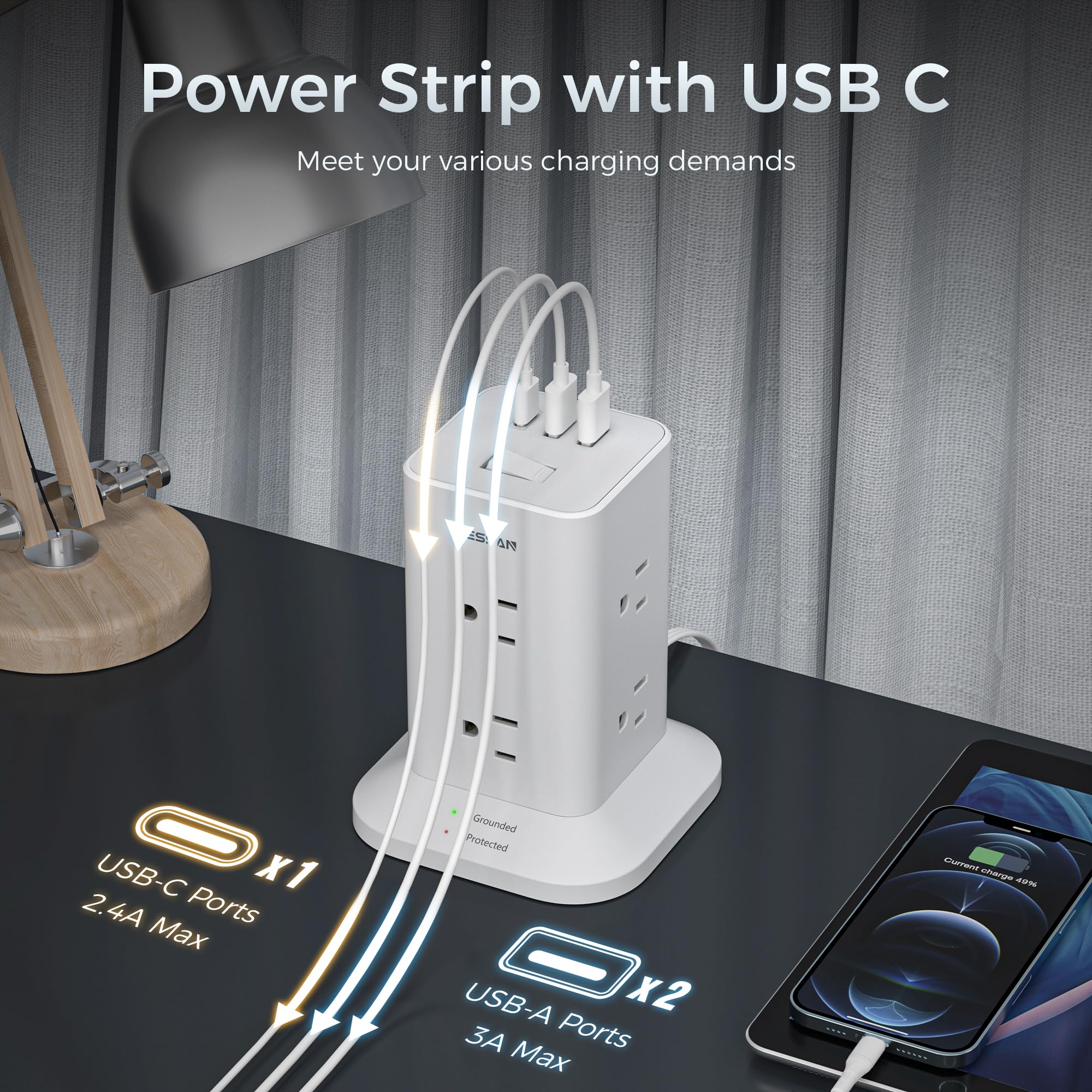Surge Protector Power Strip Tower 10 FT, TESSAN Flat Plug Extension Cord with 8 AC Outlets 3 USB Ports (1 USB C), 1700J Protection Desk Charging Station for Home, Office Supplies, Dorm Room Essentials