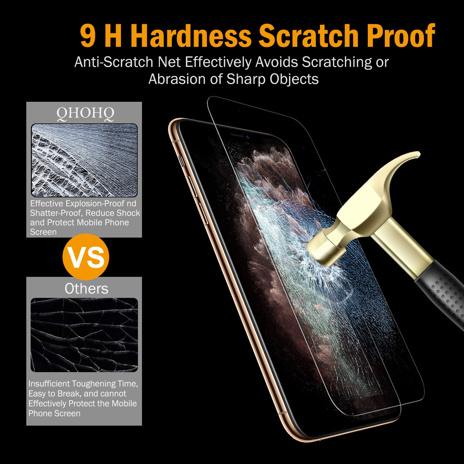 QHOHQ 2 Pack Screen Protector for iPhone 11 Pro Max 6.5" with 2 Packs Camera Lens Protector, HD Full Screen Tempered Glass Film, 9H Hardness, Scratch-Resistant, Bubble Free - Case Friendly