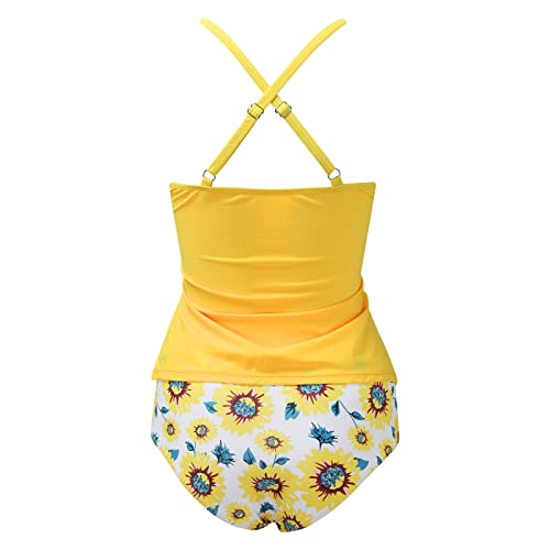 Women Two Piece Swimsuits, Floral Printed Swimdress with Shorts Conservative Drawstring Back Tankini Set