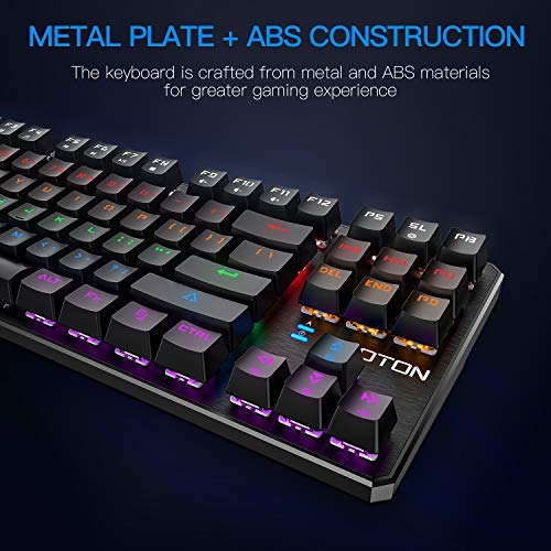 OMOTON Mechanical Gaming Keyboard, Blue Switch Rainbow Backlit Wired Keyboard, 87-Key Anti-Ghosting Tenkeyless Keyboard for PC, Desktop, Gamer Computer, Black