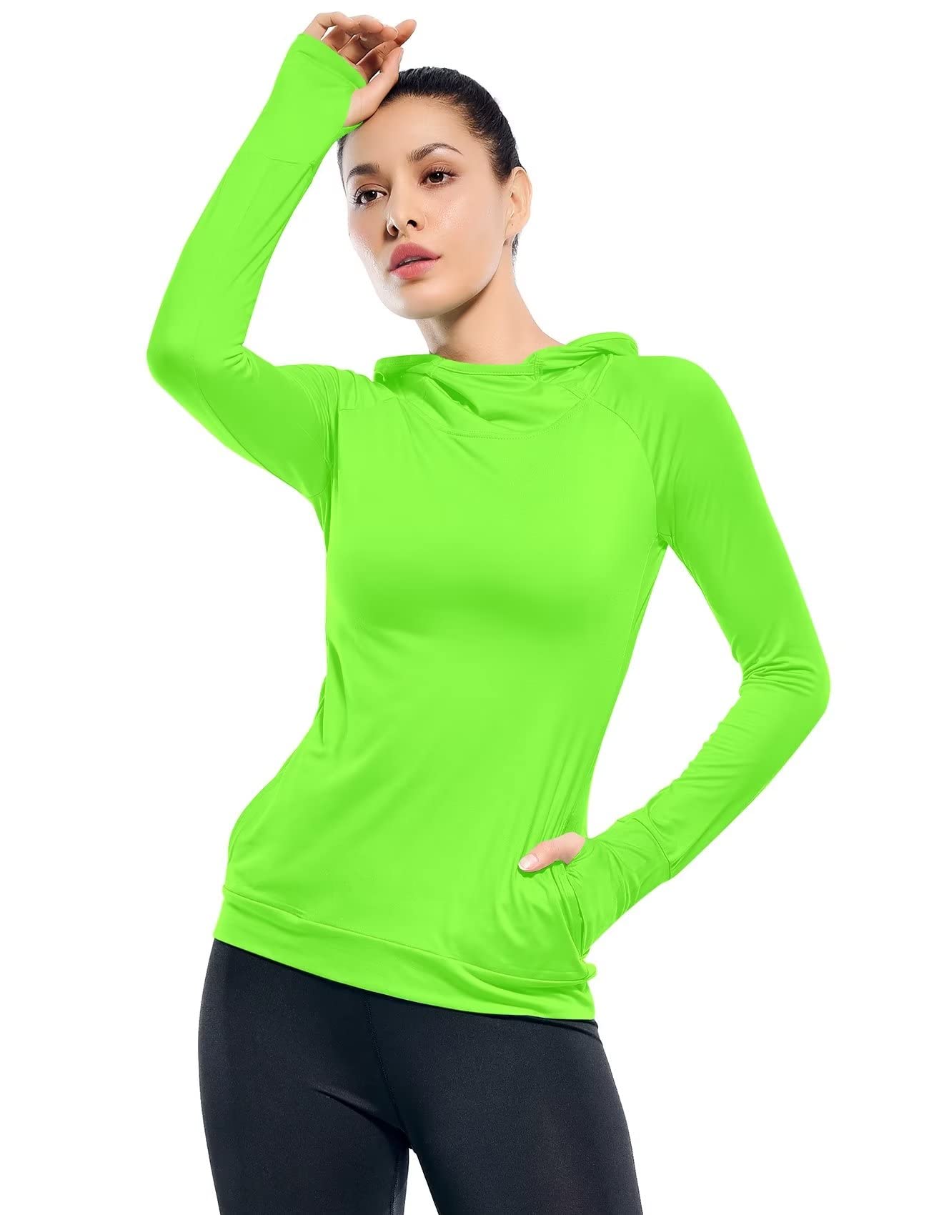 Zengjo Lightweight Hoodies for Women Running Yoga with Thumb Hole(Neon Green,S)