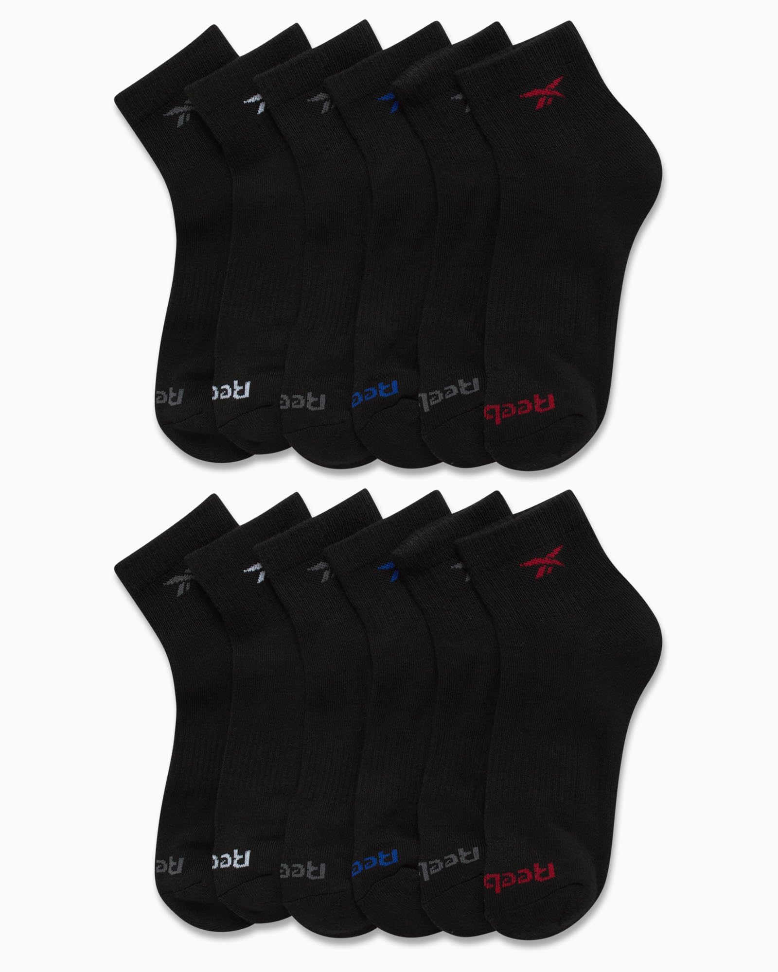 Reebok Boys' Quarter Socks - 12 Pack Stretch Performance Quarter Cut Arch Support Socks - Cushioned Athletic Socks for Boys, Size Large, Black