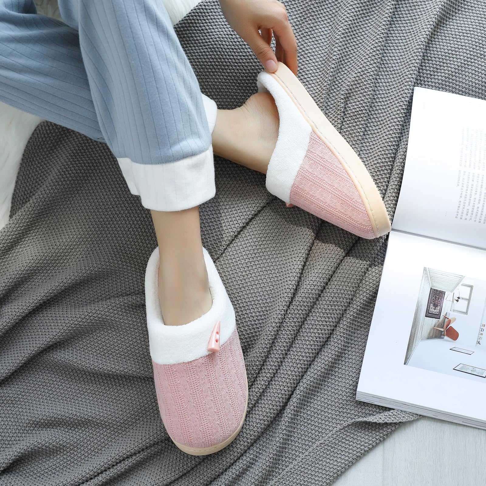 NineCiFun Women's Slippers Scuff Comfy Lightweight House Shoes Slip on Memory Foam Bedroom Slippers Indoor Outdoor Home Shoes with Soft Terry Lining(Pink,7-8)