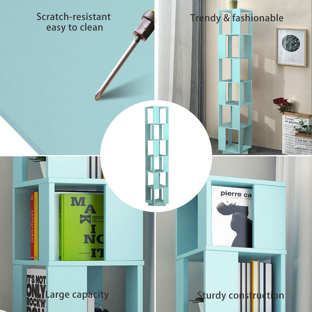 QIHANG-US 6 Tier Wooden Bookcase Corner Tall Book Shelf Modern 360° Rotating Storage Display Rack Floor Standing Shelves with Open Design Shelving Unit for Home Office Living Room Study, Blue