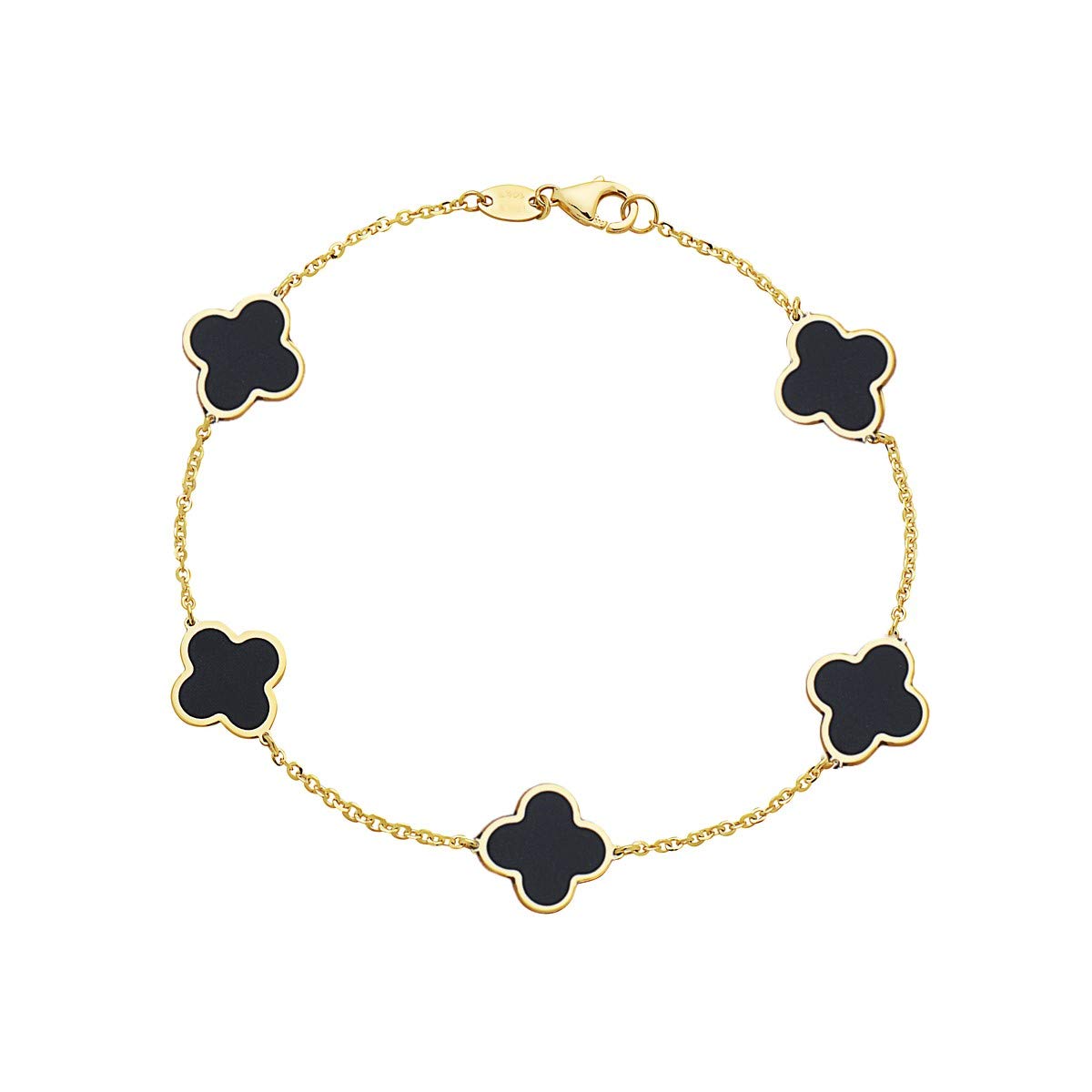 Vaani Fine Jewelry - 14K Solid Yellow Gold Bracelet with 5 Clover Motifs in Black Onyx. 7 inch bracelet