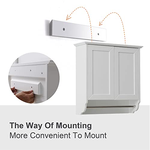 VANIRROR Wall Mounted Bathroom Cabinet with Towel Bar, 23x24x8.2 Inch Wooden Medicine Cabinet for Storage with Adjustable Shelf, MDF Material White Bathroom Wall Cabinet with Buffering Hinge